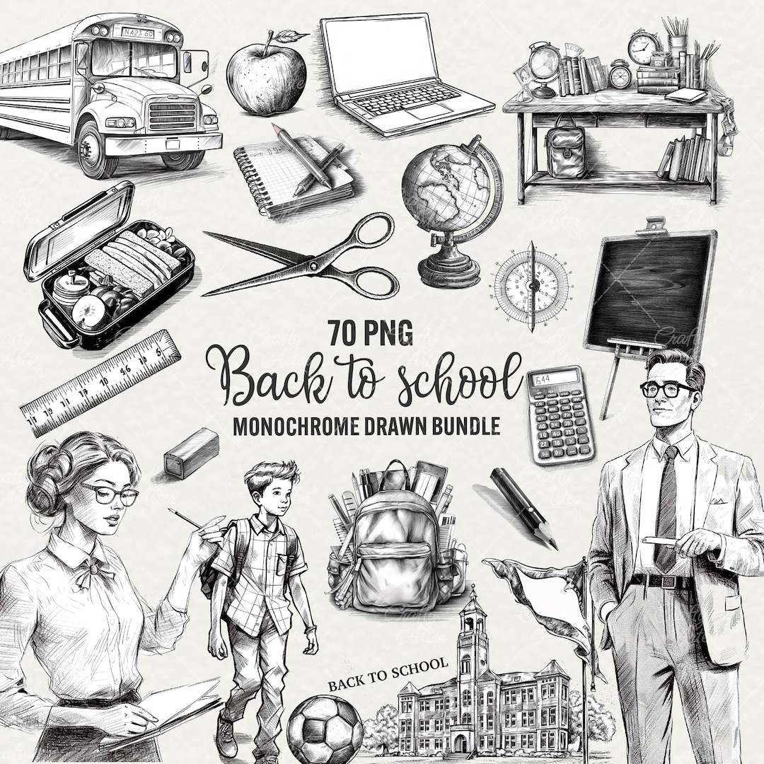 Black and White School Clipart, Back to School Bundle, School Clipart ...