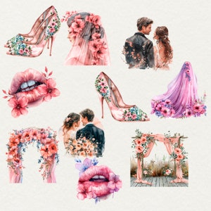 Watercolor Pastel Wedding Clipart, 42 Png Pink Wedding Graphics, Bridal ...