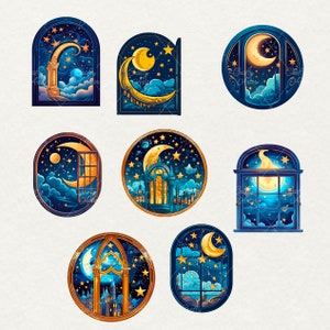 Celestial Windows Clipart Bundle, 20 PNG Cartoon Art Graphics, Moon ...