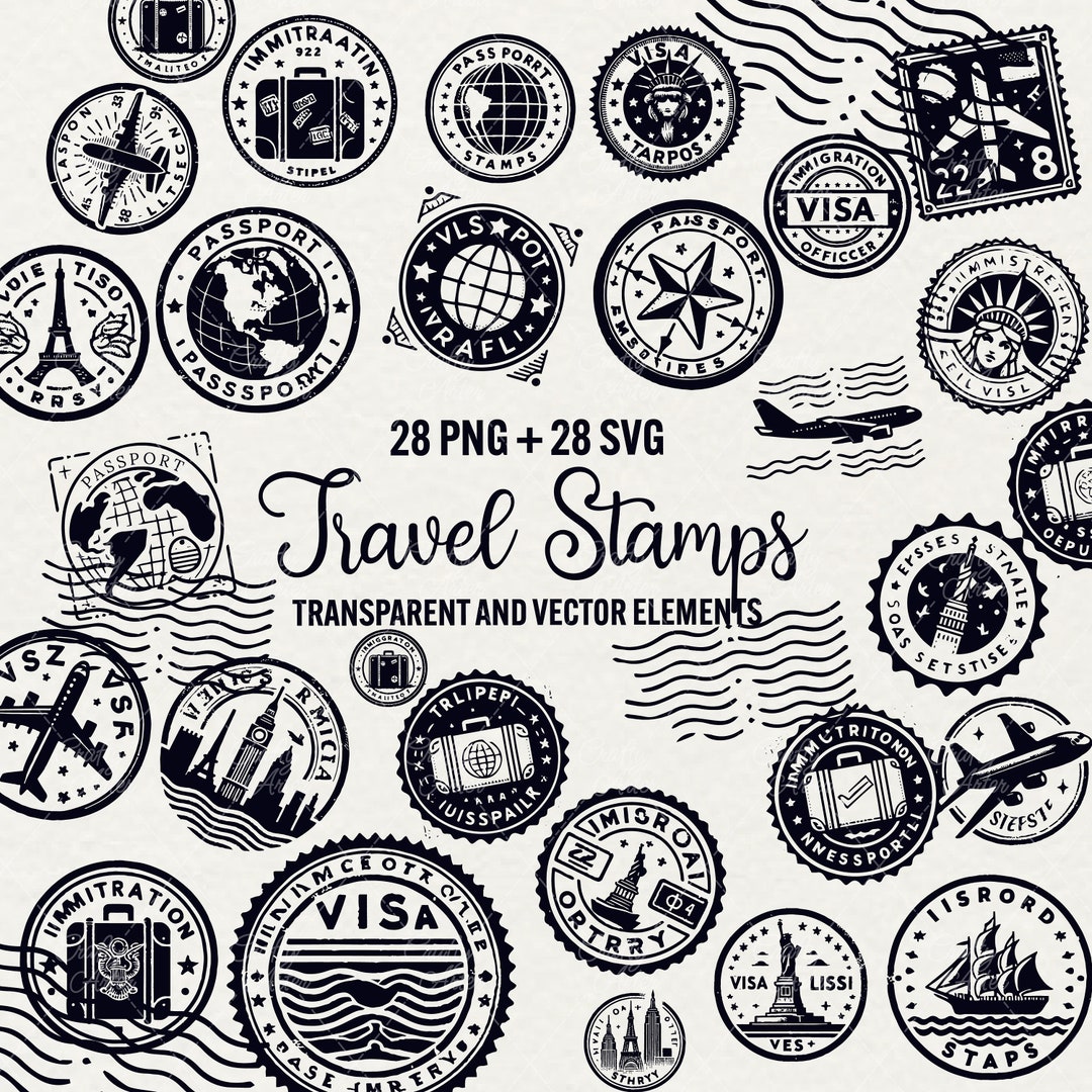Travel Stamps Svg, 28 PNG + 28 SVG Stamp Clipart, Passport Stamps ...