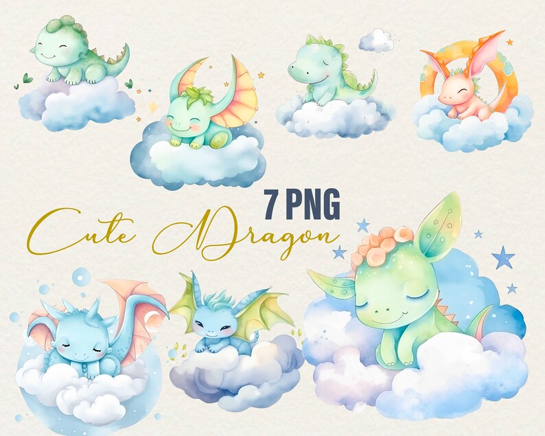 Cute Dragons Watercolor Clipart Dragon Sleep 7 PNG Dragon - Etsy