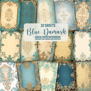 Blue Damask Digital Paper, 32 Printable Cards, Damask Pages, Blue ...