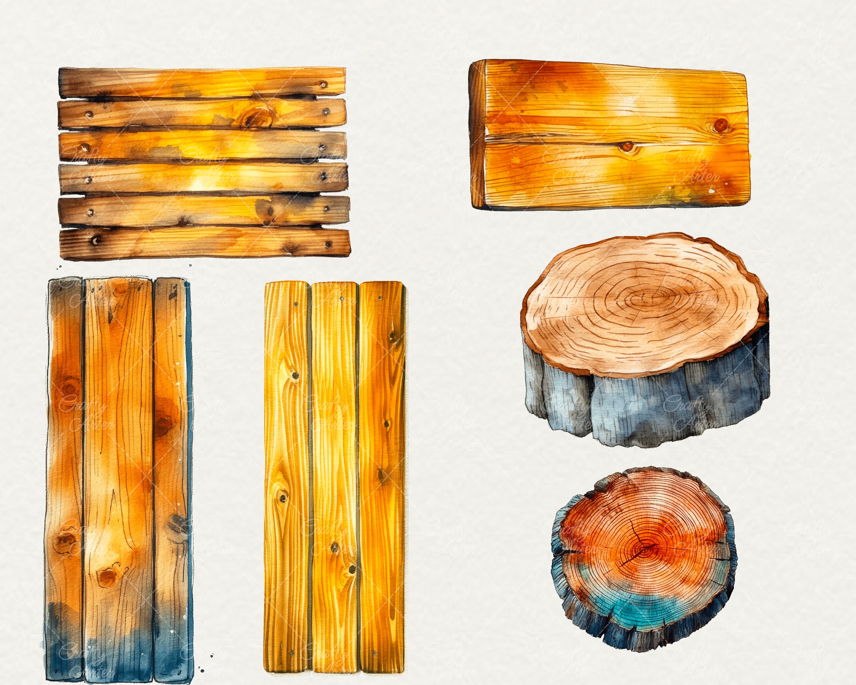 Watercolor Wood Slice Clipart: 38 PNG Wooden Board Graphics (commercial ...