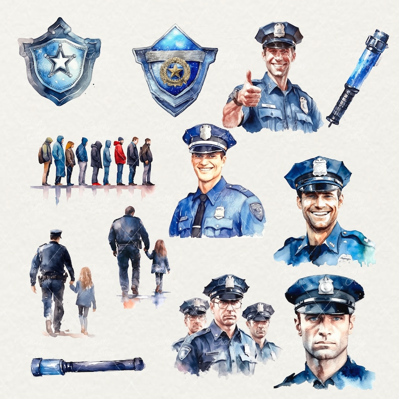 Watercolor Police Clipart Bundle: 68 PNG Illustrations (commercial Use ...