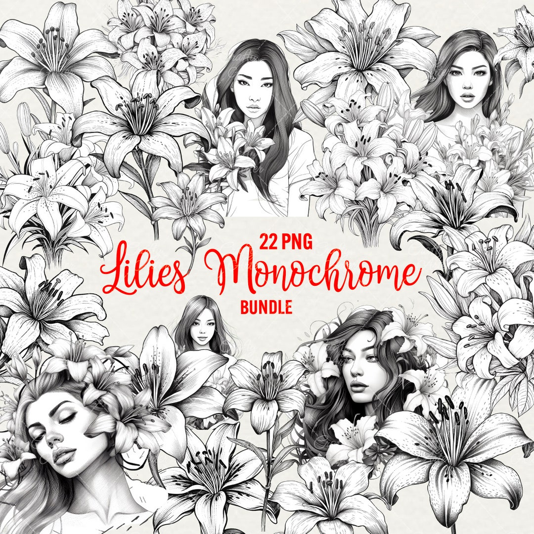 Monochrome Lily Clipart Bundle: Spring Flowers Line Art (22 PNG ...