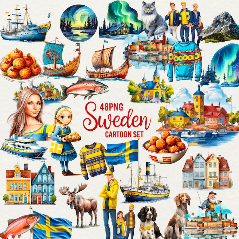 Sweden Cartoon Clipart: Landscapes & Culture (48 PNG) Commercial Use - Etsy