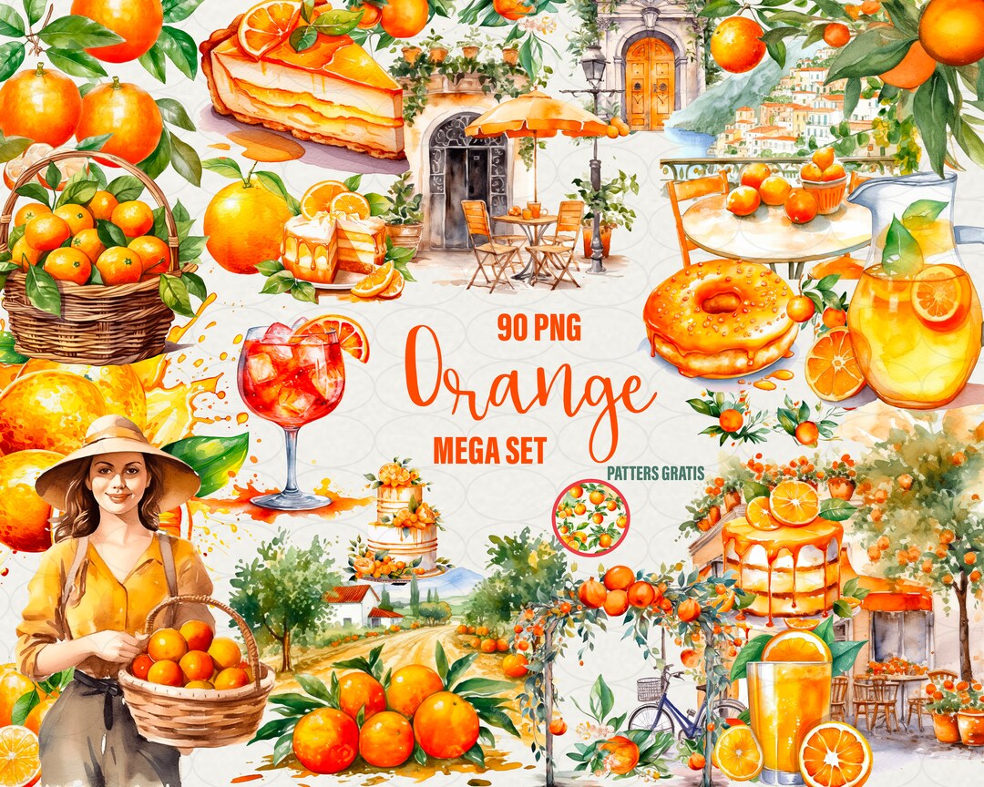 Watercolor Orange Clipart: 90 PNG Images, Cake, Juice, Positano ...