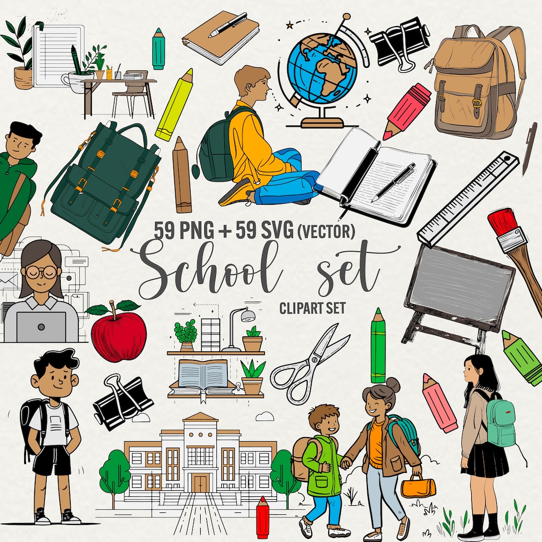 School Clipart Bundle, Back to School Png, School Clip Art Svg, School ...