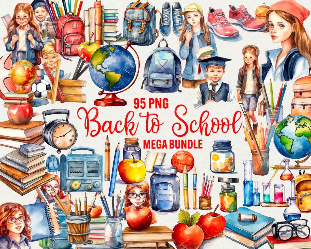 Watercolor School Clipart, Back to School Mega Bundle, School Clipart ...