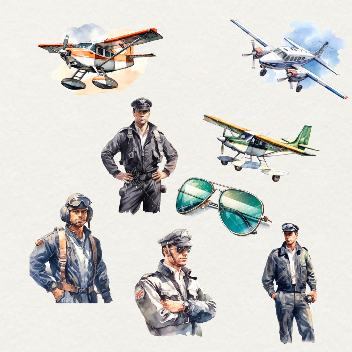 Watercolor Pilot Clipart Bundle: 38 PNG Aviation Art (commercial Use ...