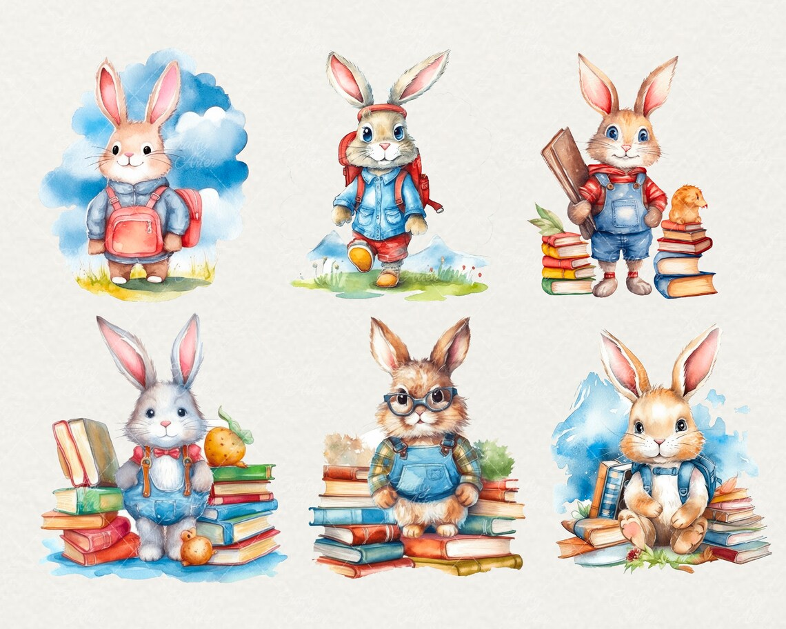 Watercolor School Bunny Clipart: Back to School PNG Images (commercial ...