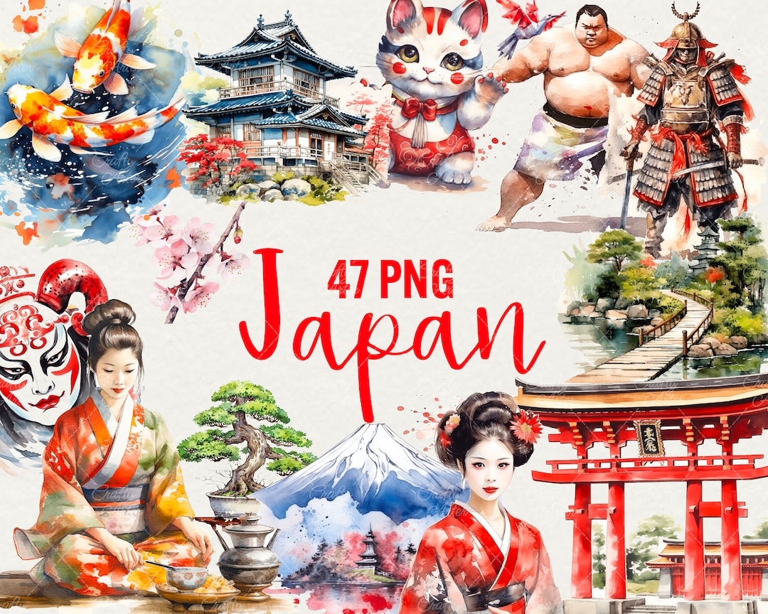 Japan Clipart: 47 Watercolor Japanese Graphics (PNG, Commercial Use) - Etsy