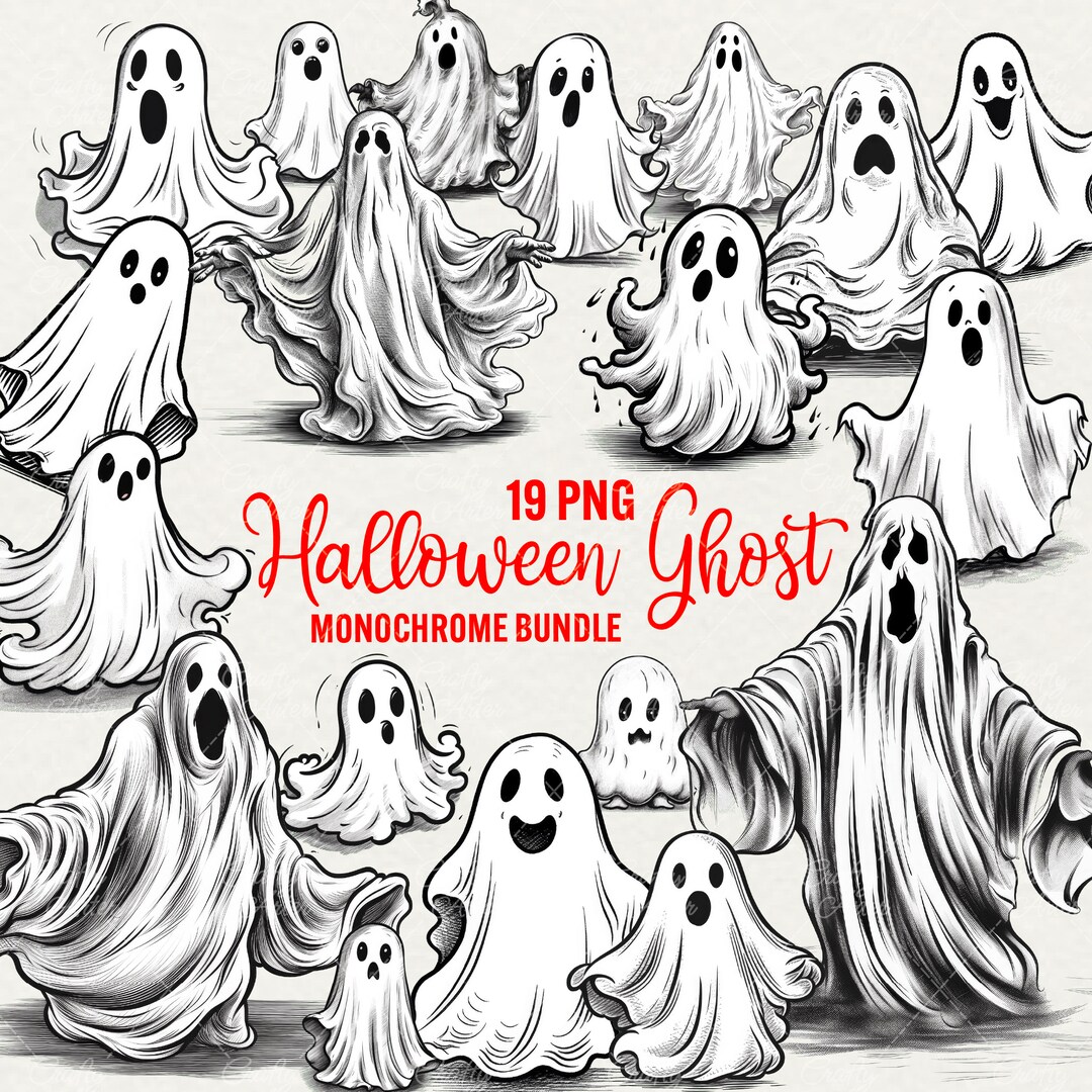 Monochrome Halloween Ghost Clipart, Watercolor Cute Halloween Clipart ...