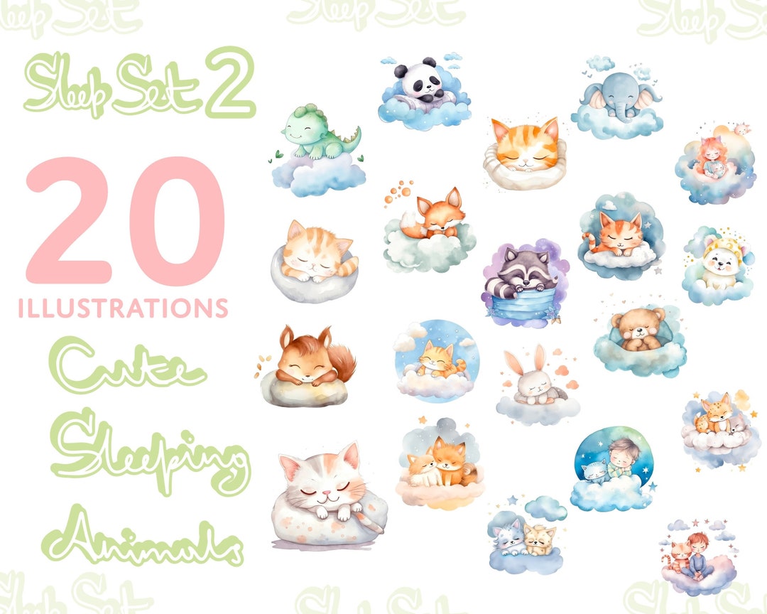 Watercolor Cute Animals Clipart, 20 Png Cute Sleeping Animals Cloud ...