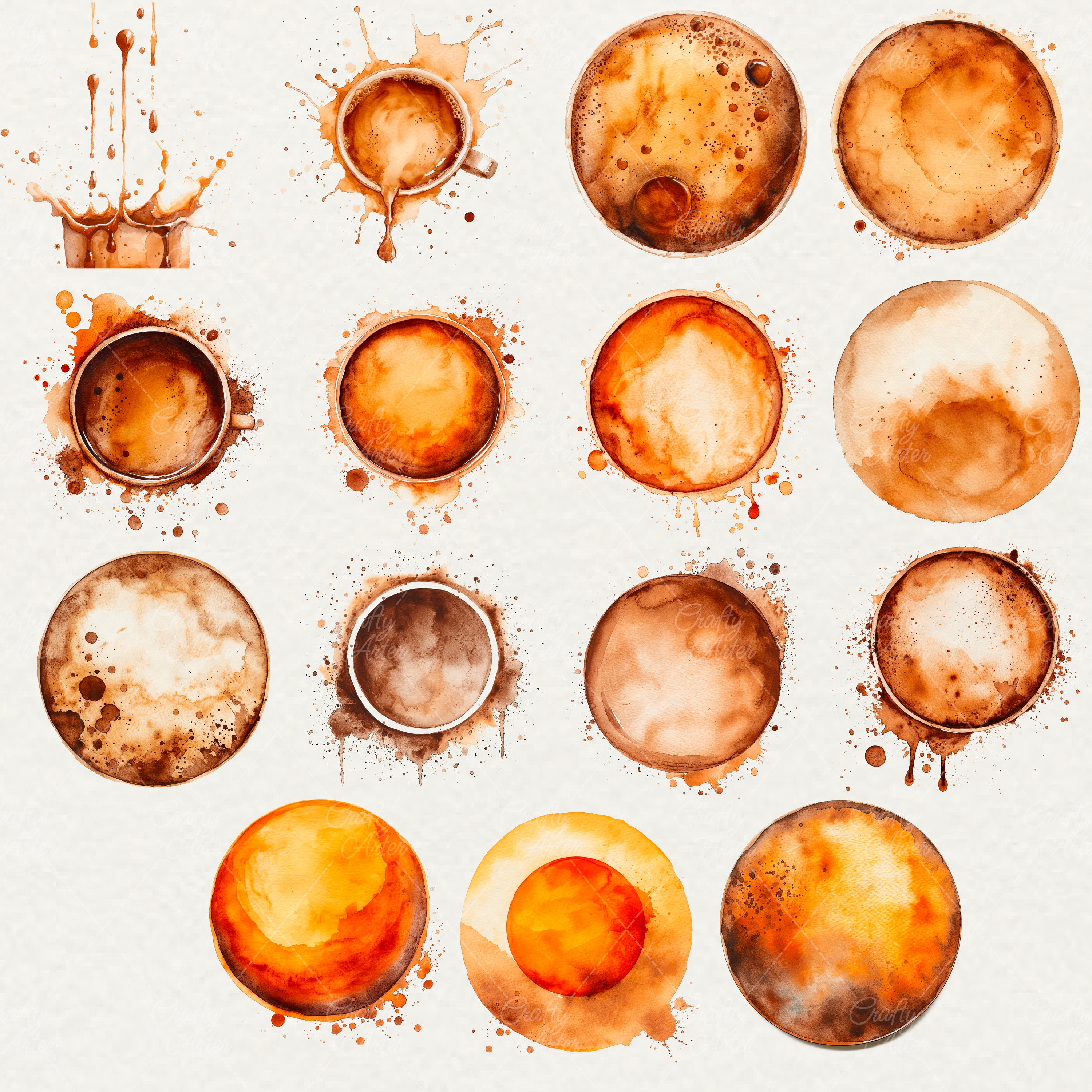 Watercolor Coffee Stains Clipart: 47 PNG Coffee Splashes (digital ...