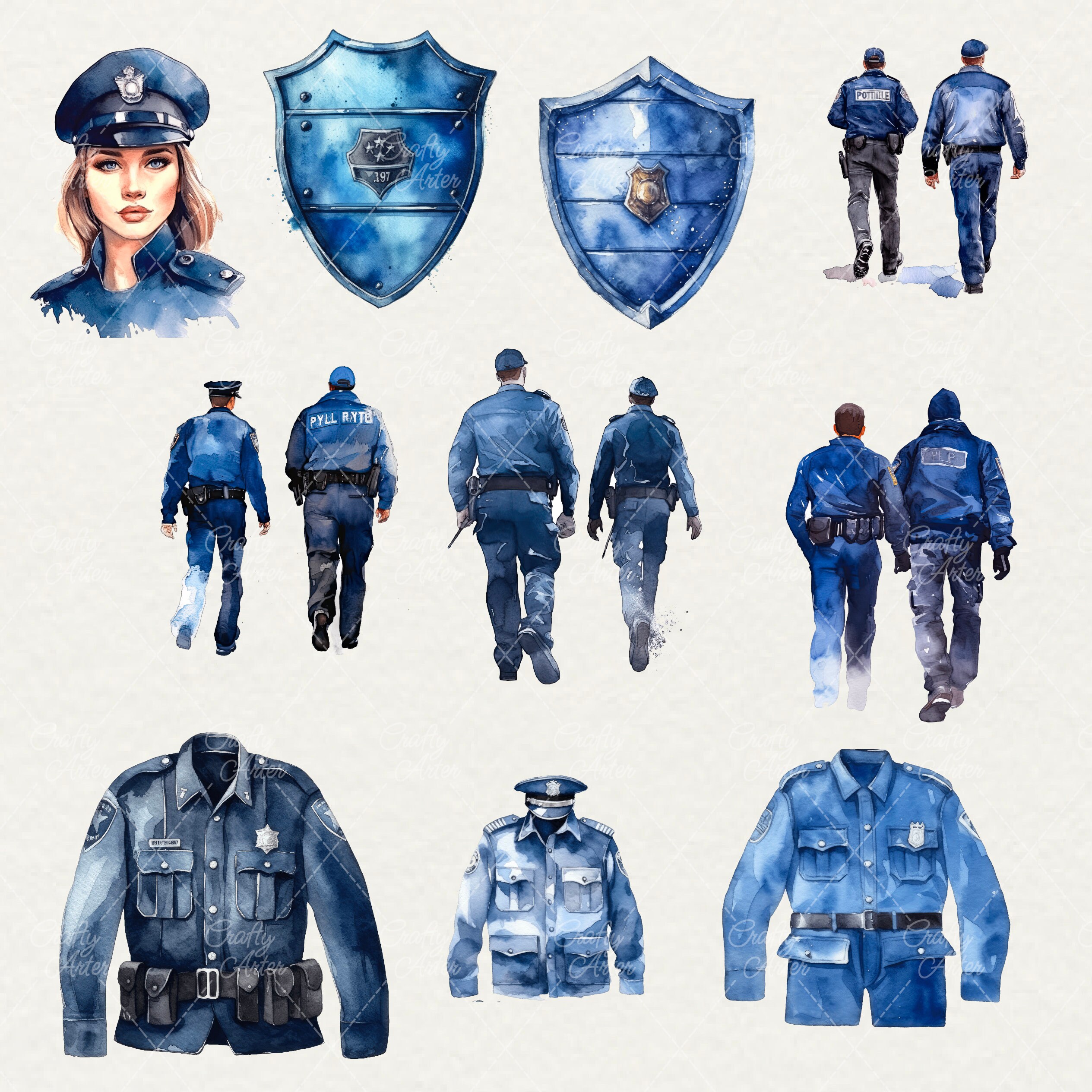 Watercolor Police Clipart Bundle: 68 PNG Illustrations (commercial Use ...