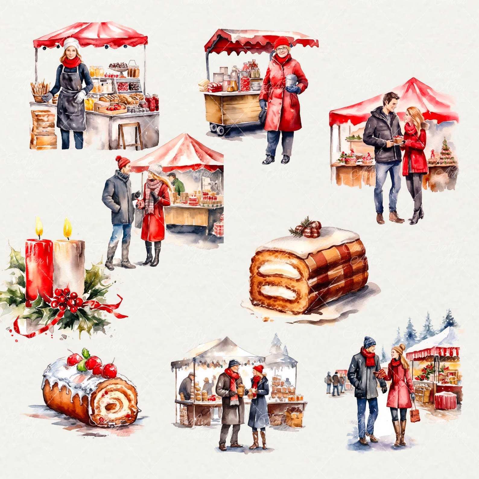 Christmas Market Clipart Set, 45 Png Watercolor Christmas Shop Clipart ...