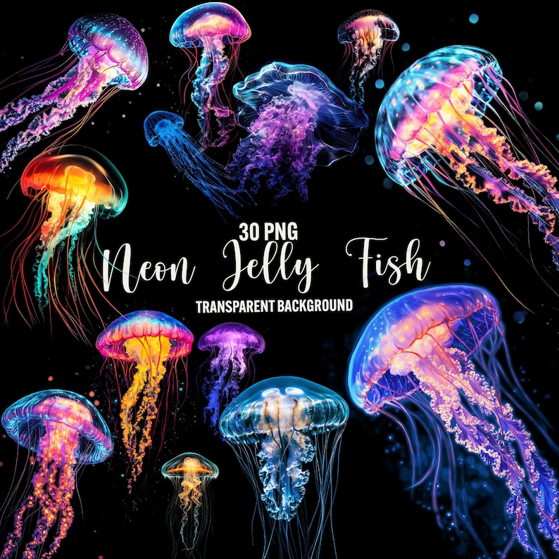 Neon Jellyfish Clipart: 30 Glowing Ocean PNG Graphics (commercial Use ...