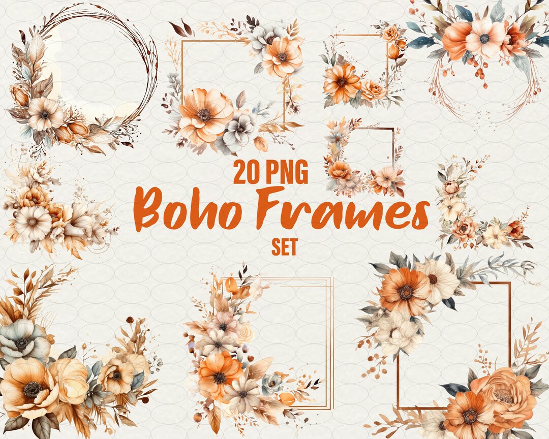 Boho Flowers Clipart, Boho Flowers Watercolor, Boho Wedding Frame, 20 ...
