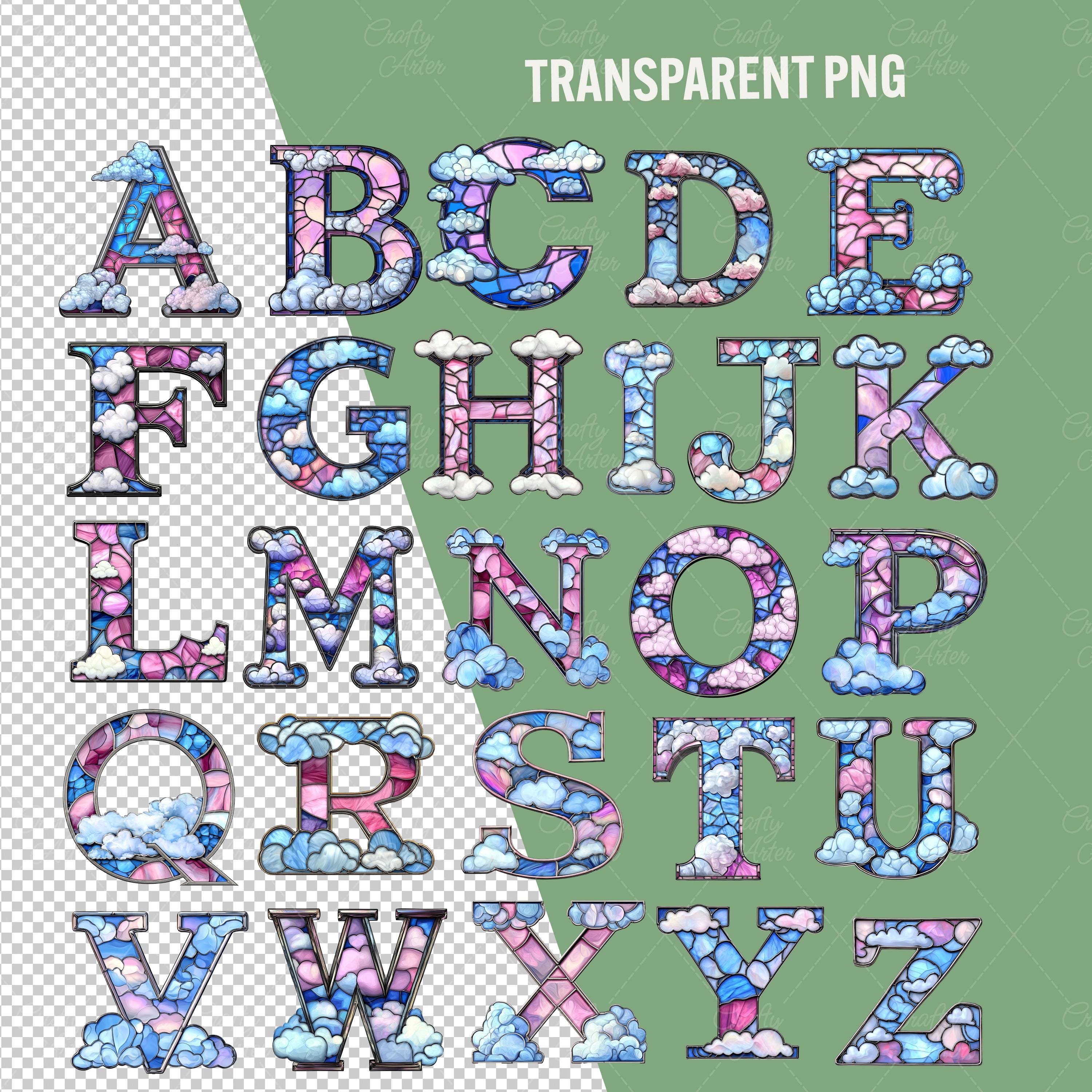 Stained Glass Alphabet Clipart: Cloud Letters & Numbers (PNG Digital ...