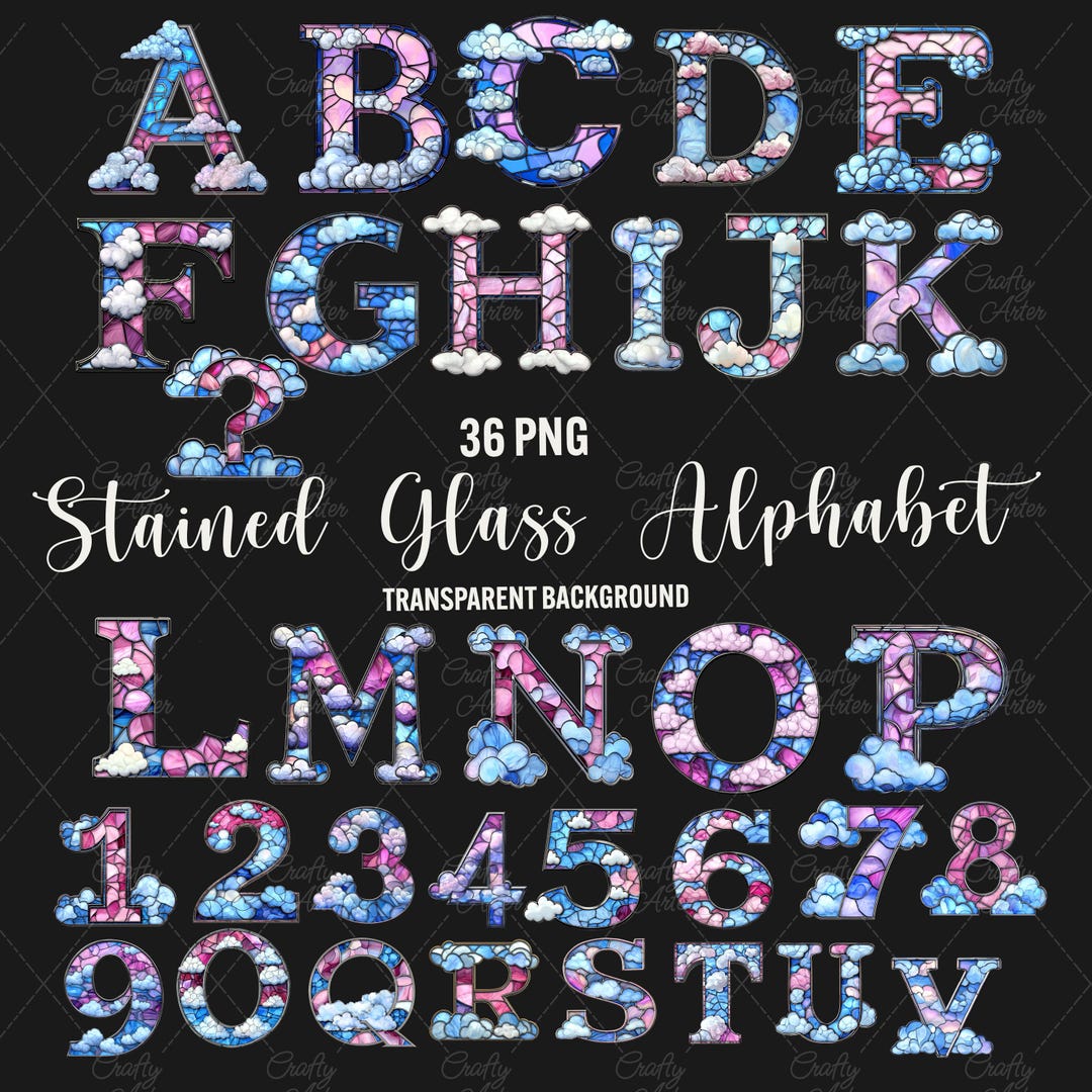 Stained Glass Alphabet Clipart: Cloud Letters & Numbers (PNG Digital ...