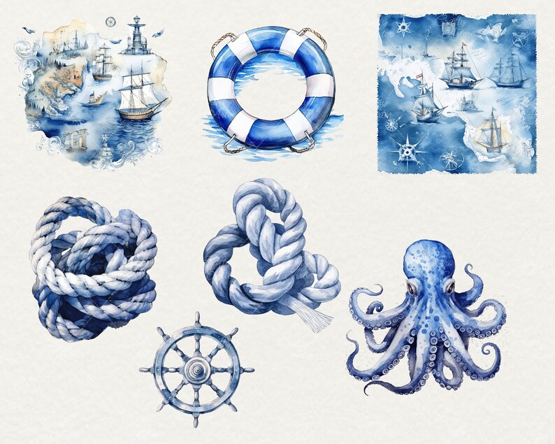 Watercolor Nautical Clipart: Ocean PNG Illustrations (46 Files) - Etsy