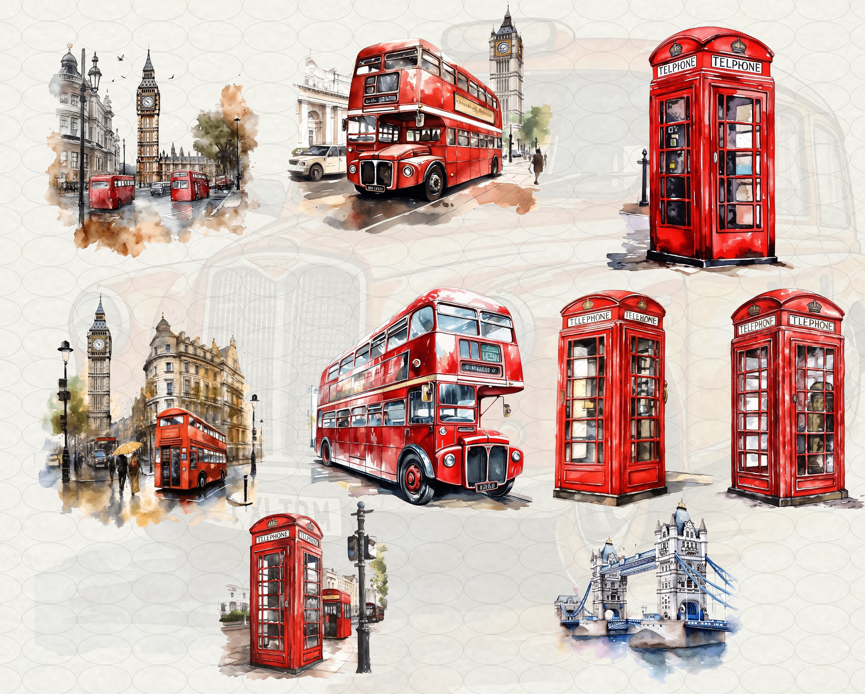 London Watercolor Clipart: City Landmarks, Bus, Taxi (39 PNG Files) - Etsy