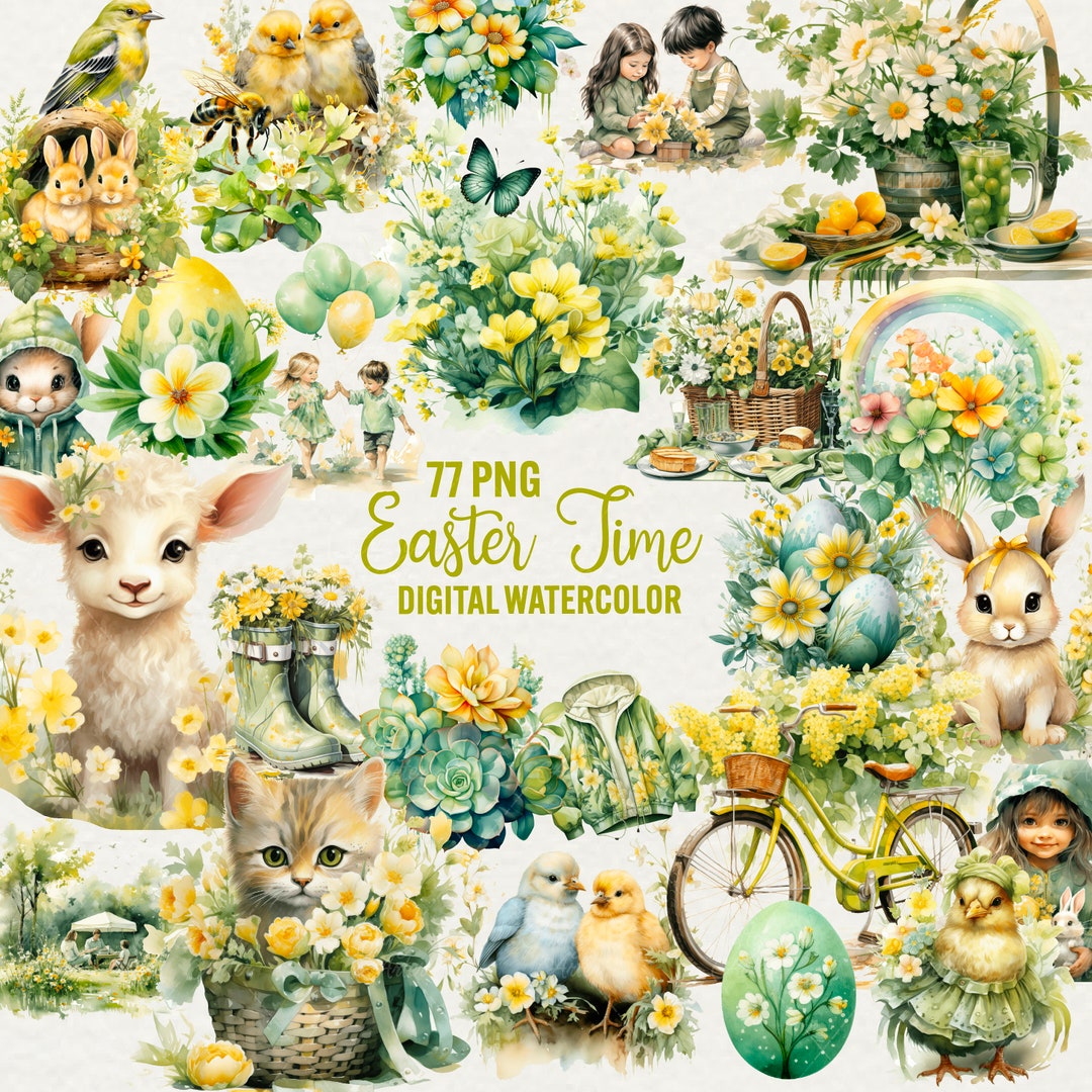 Watercolor Easter Clipart Green Easter 77 PNG, Cute Easter Animals ...