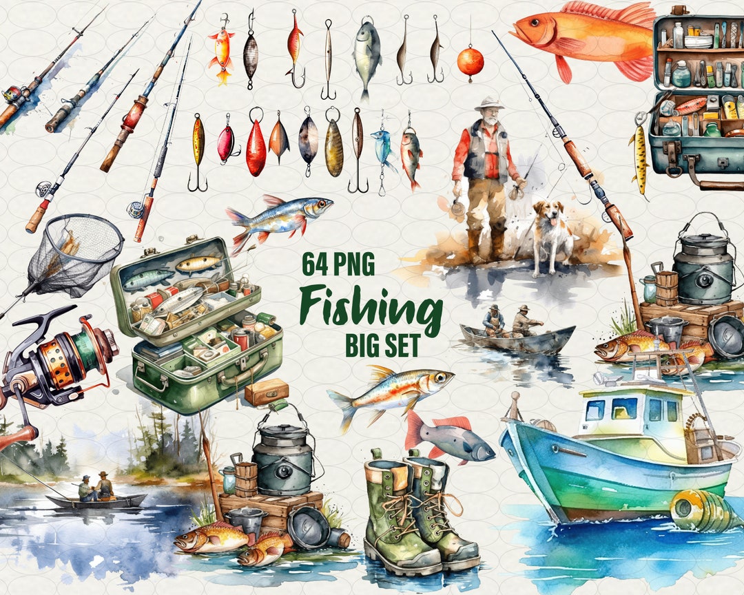 Watercolor Fishing Clipart Bundle: 64 PNG Graphics (commercial Use) - Etsy