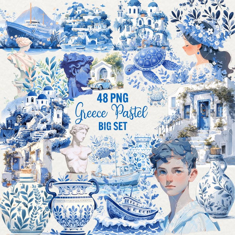 Pastel Greece Clipart Bundle: 48 PNG Watercolor Illustrations ...