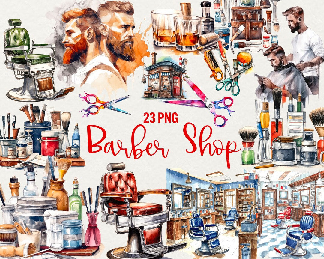 Watercolor Barber Shop Clipart, Barber Clipart Bundle, 23 PNG Clip Art ...