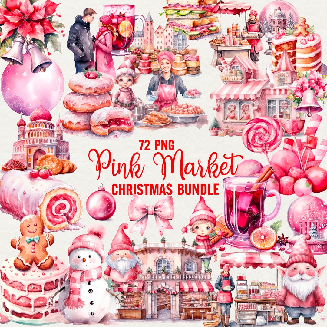 Pink Christmas Market Clipart: Watercolor Winter Shop (72 PNG ...