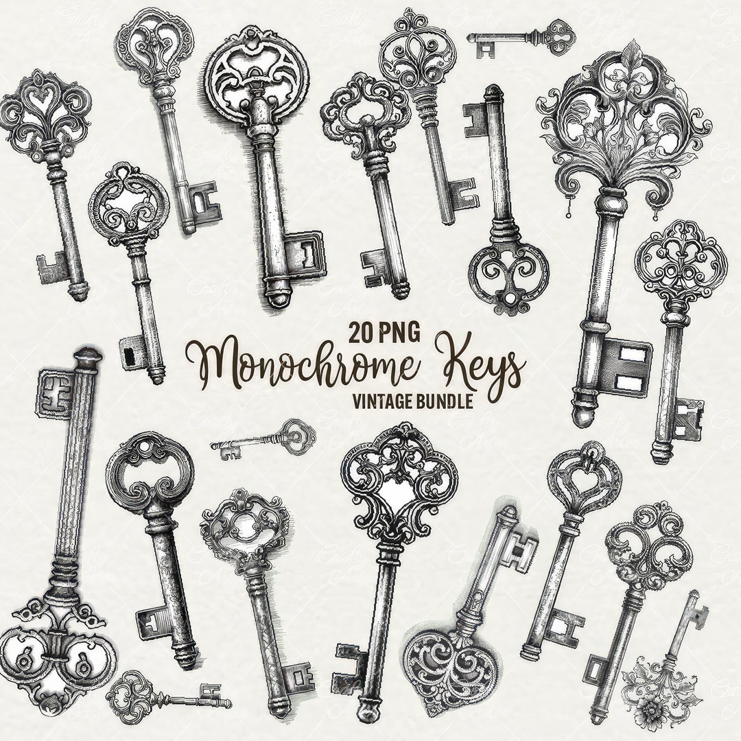 Monochrome Key Clipart: 20 Fantasy Line Drawing Illustrations (PNG ...
