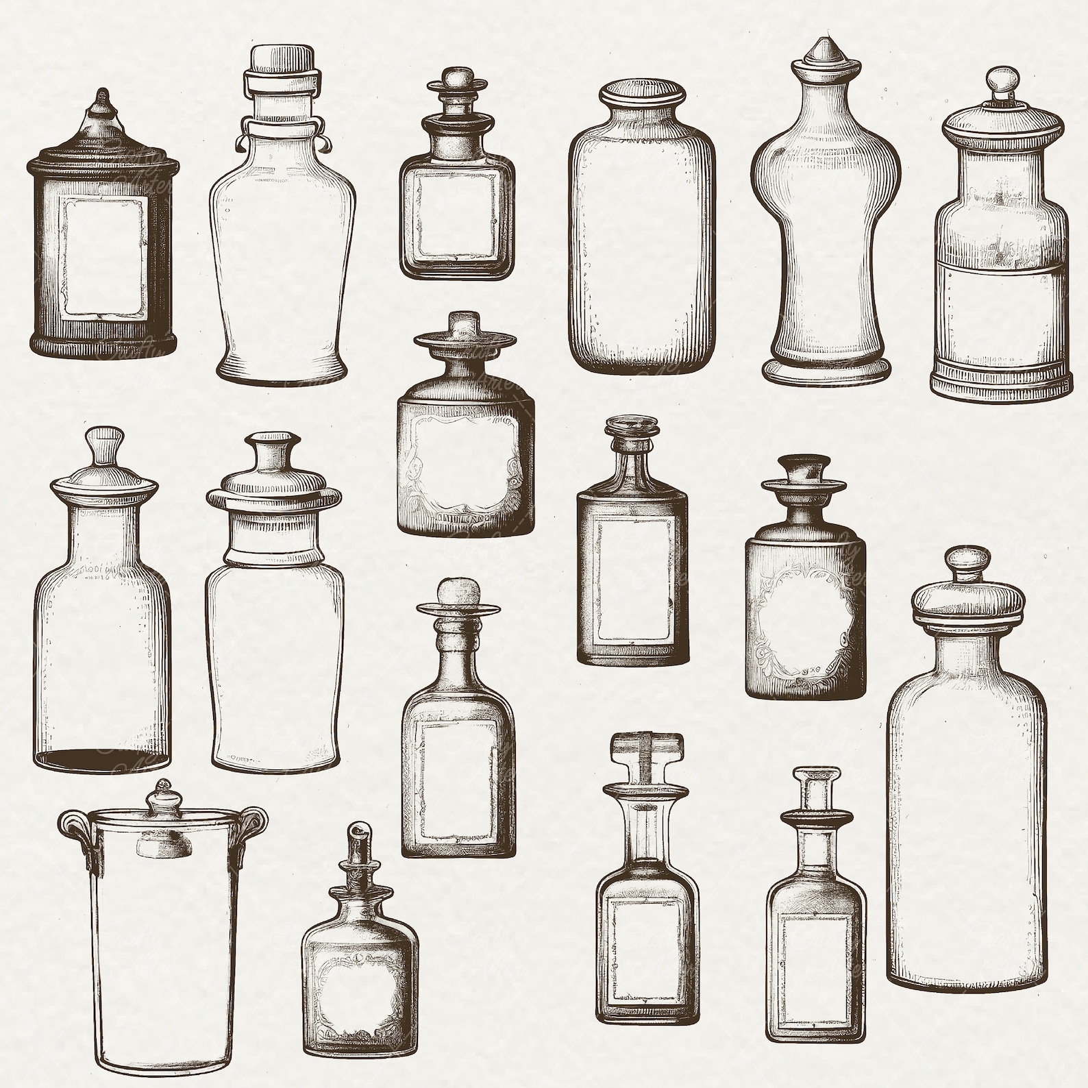 Vintage Apothecary Bottles Clipart: Antique Jars PNG Overlays (digital ...