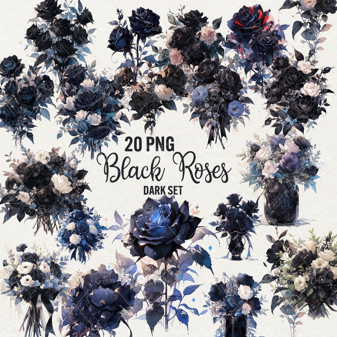 Watercolor Black Roses Clipart, Gothic Rose 20 PNG, Dark Garden Fantasy ...