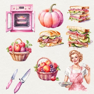 Watercolor Pink Kitchen Girls Clipart, Retro Pin up Girls Clipart, 59 ...