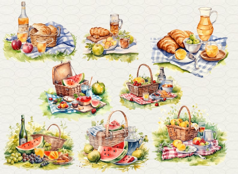 Watercolor Summer Picnic Clipart 34 Png Picnic Basket Garden - Etsy