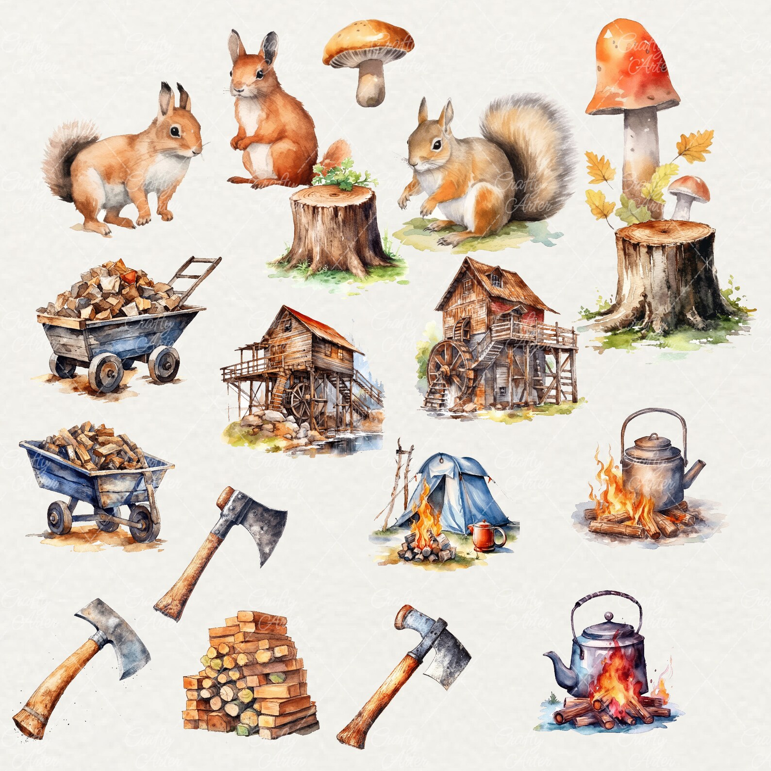 Watercolor Lumberjack Clipart: Rustic Axe, Trees, House PNG (commercial ...