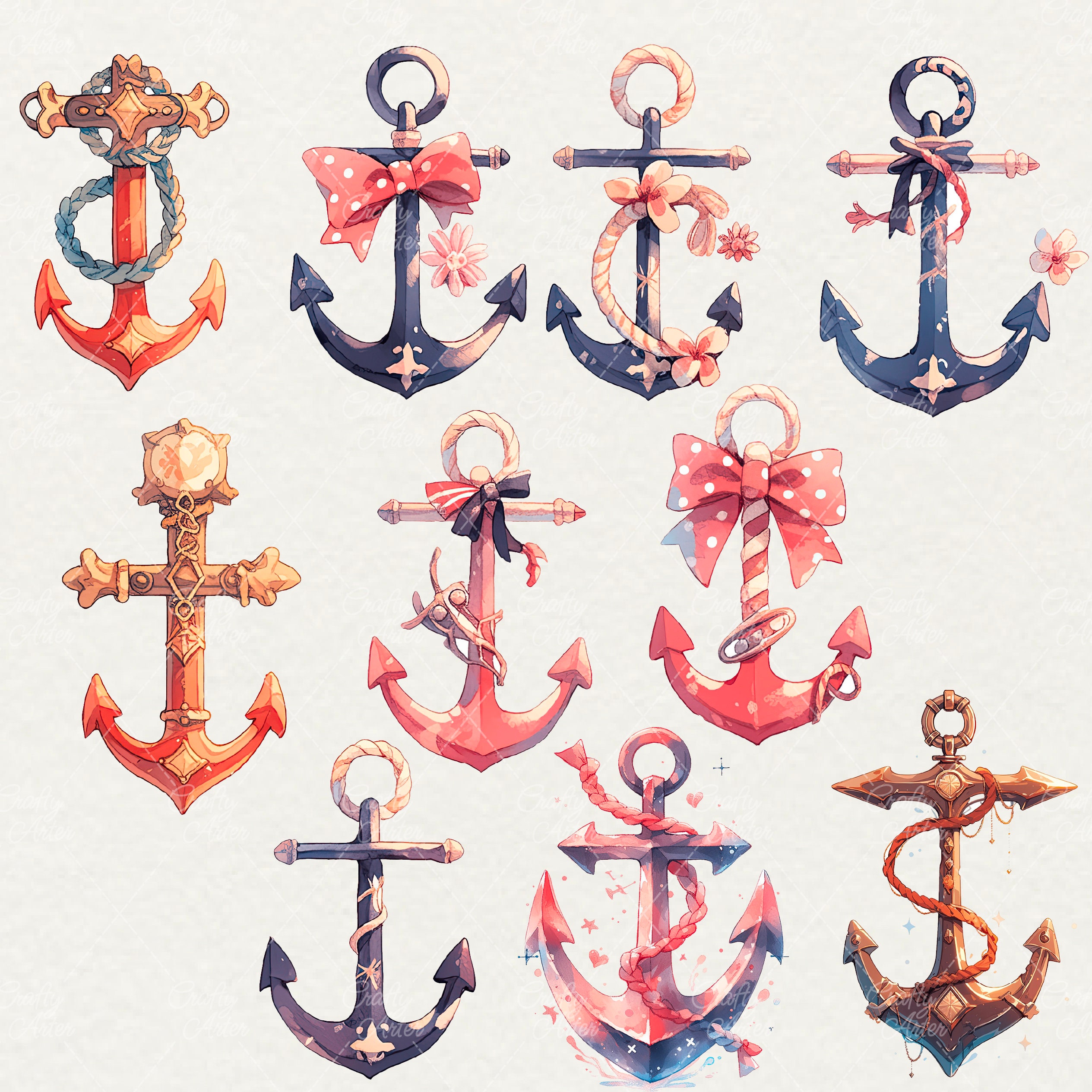 Watercolor Anchor Clipart: 49 PNG Nautical Illustrations (commercial ...