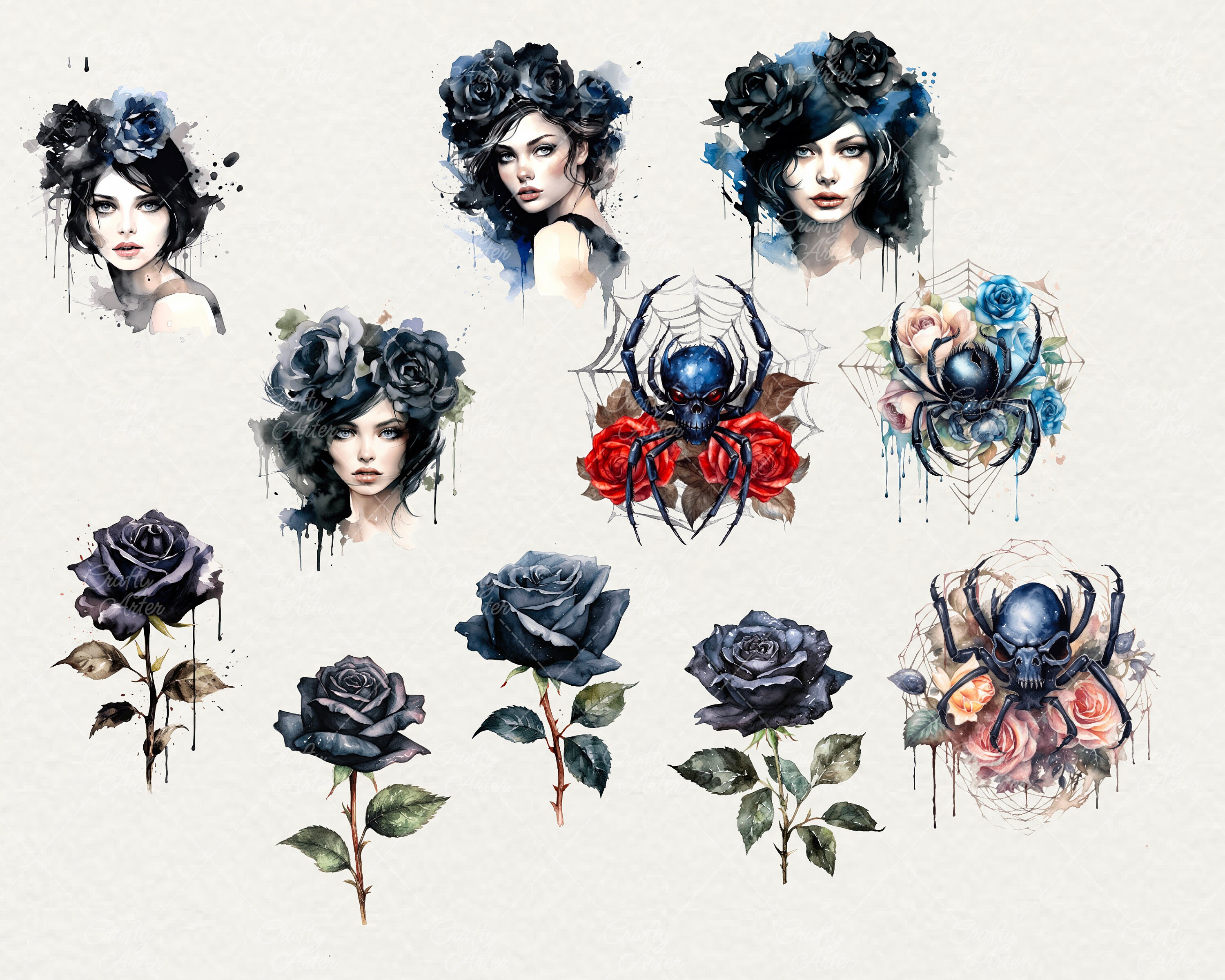 Watercolor Gothic Roses Clipart Dark Garden Fantasy - Etsy