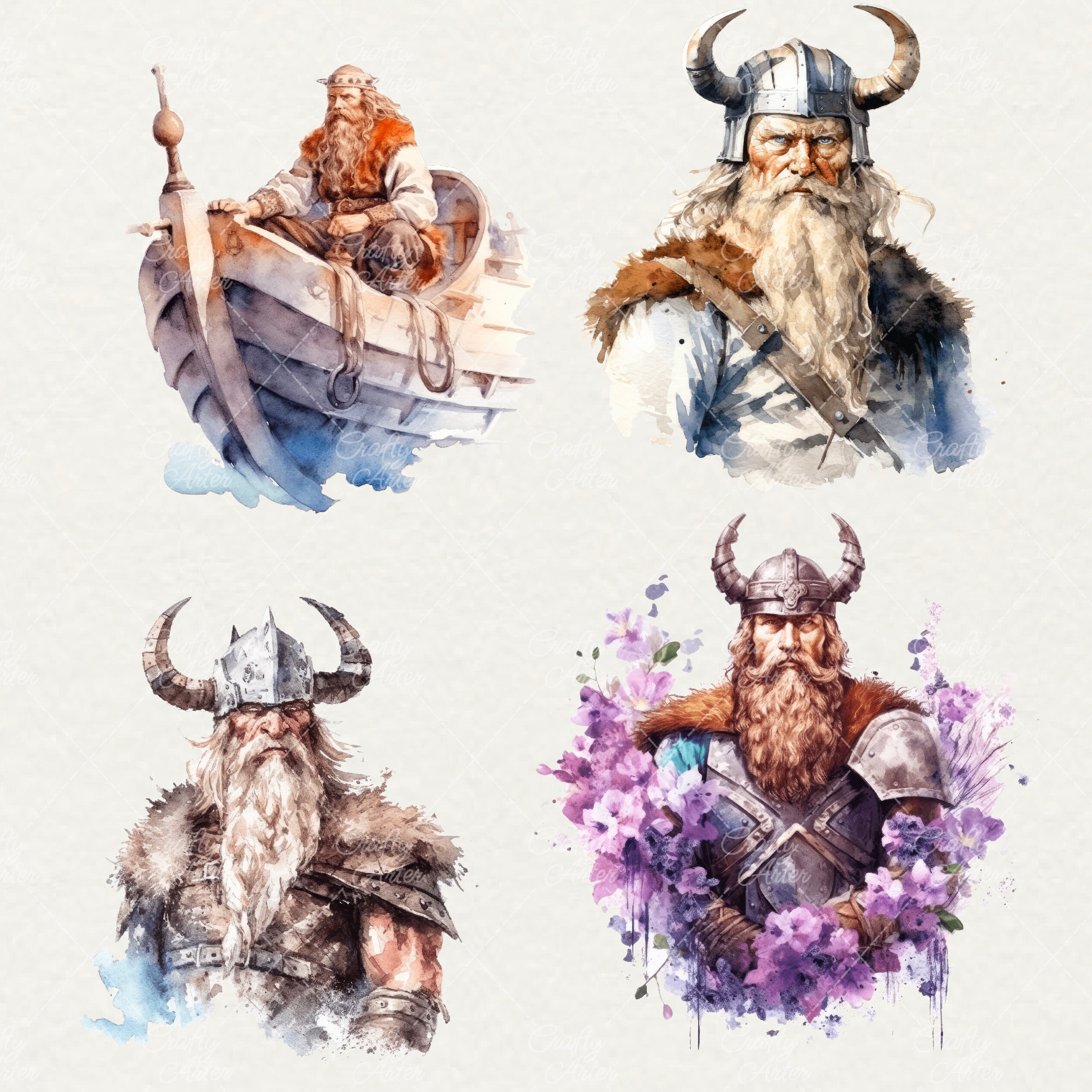 Watercolor Viking Clipart: 25 PNG Nordic Illustrations (commercial Use ...