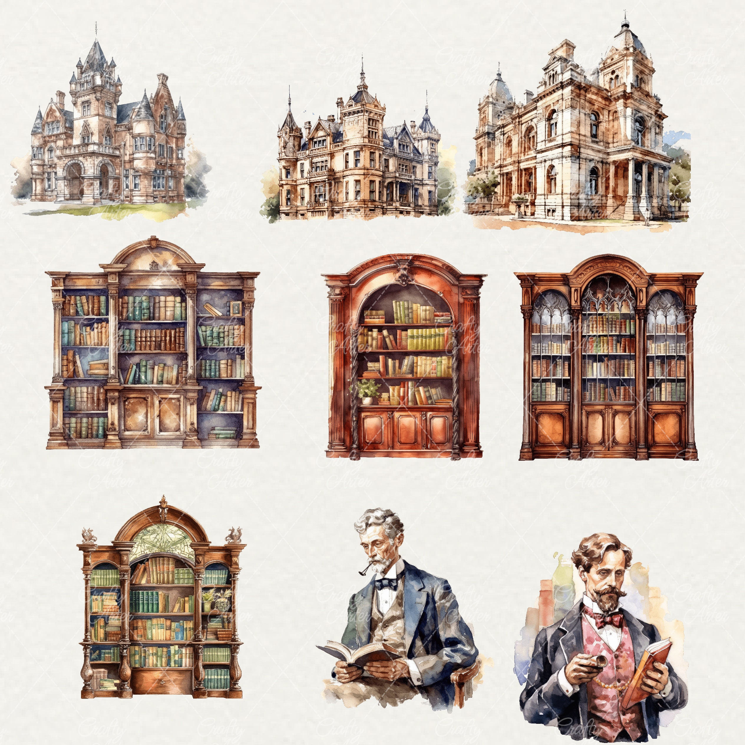 Watercolor Books Clipart: Vintage Library, Reading Lady (46 PNG) - Etsy