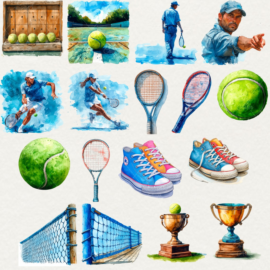 Watercolor Tennis Clipart: Sport Illustrations, Racket, Court (51 PNG ...