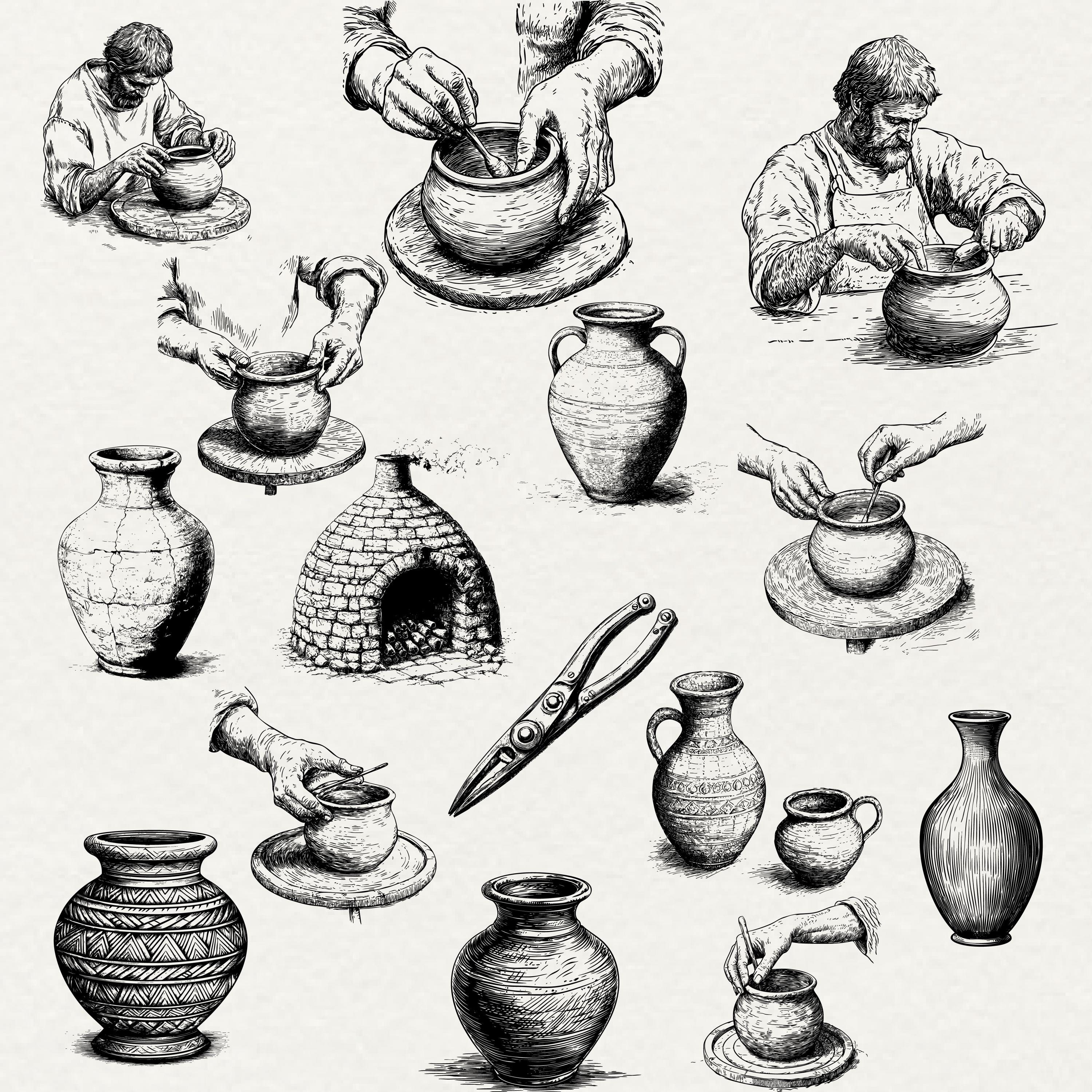 Pottery Line Art Clipart Bundle: Studio Ceramics, Vases (38 PNG + 38 ...