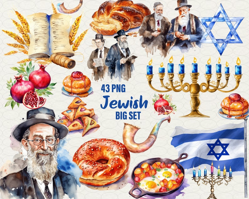 Watercolor Jewish Clipart: Hanukkah, Torah, Menorah (43 PNG, Commercial ...