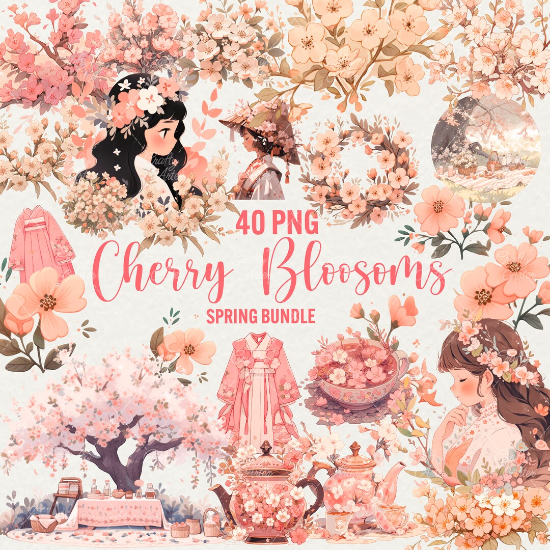 Cherry Blossom Clipart Bundle, 40 PNG Spring Sakura, Floral Pink ...
