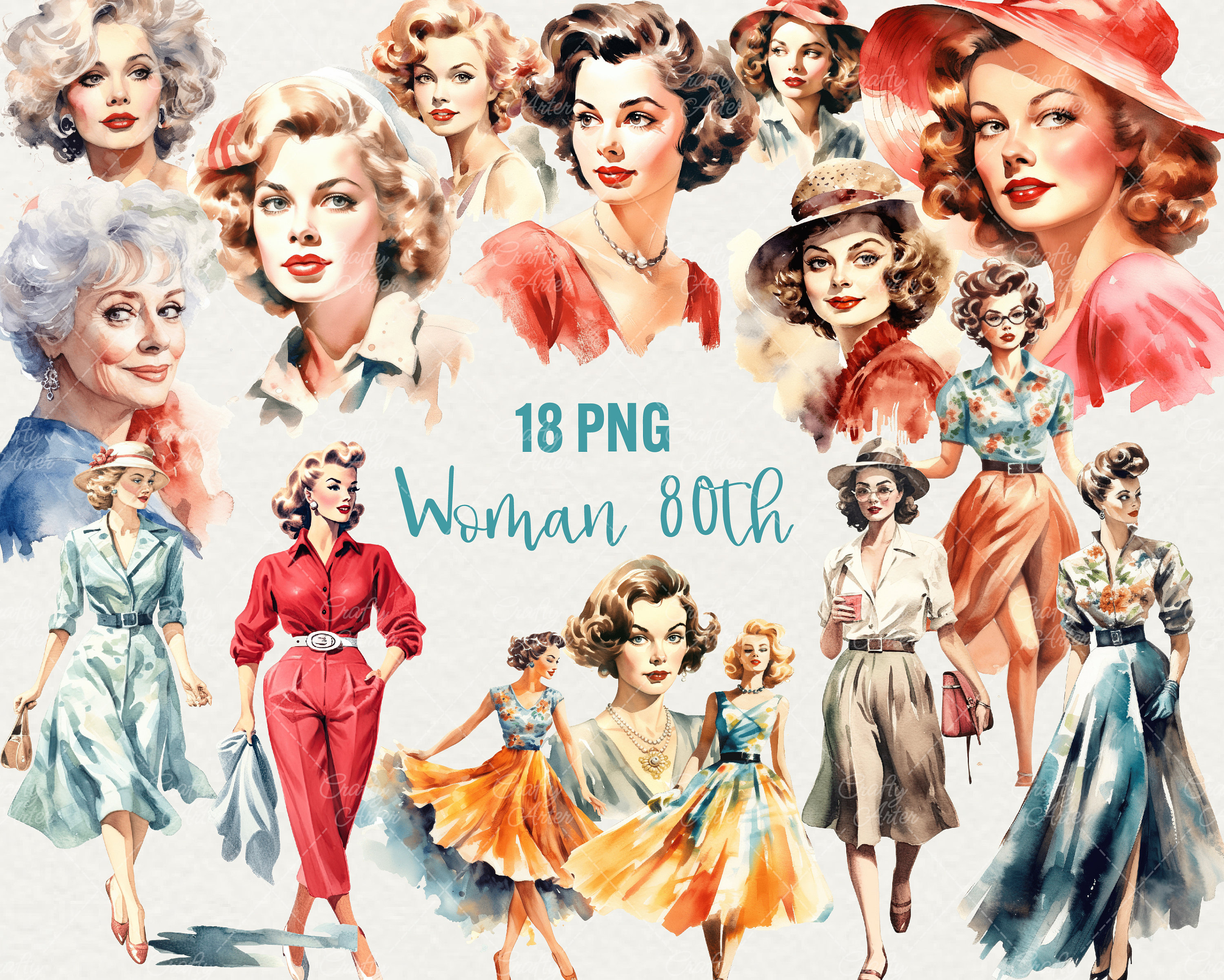 Watercolor Retro Woman Clipart Retro Woman Retro Clipart 18 - Etsy