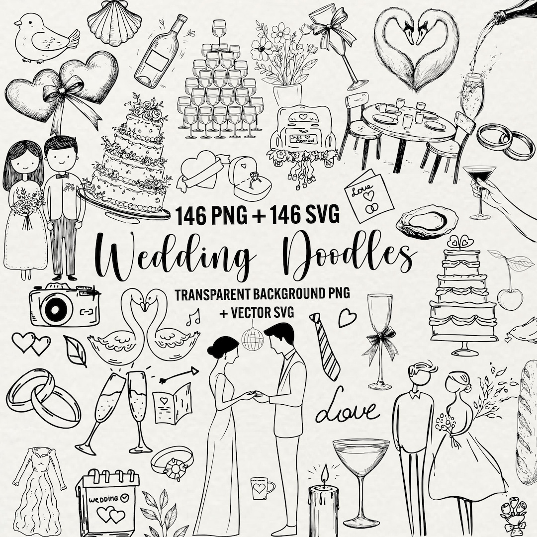 Wedding Doodle Clipart Set, Wedding Drawings Icons, Wedding Svg Png Bundle, Doodles for Wedding ...