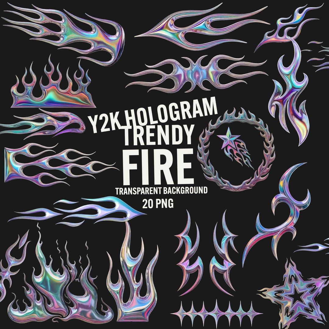 Y2K Holographic Fire Flames Clipart: Tribal PNG Bundle (digital) - Etsy