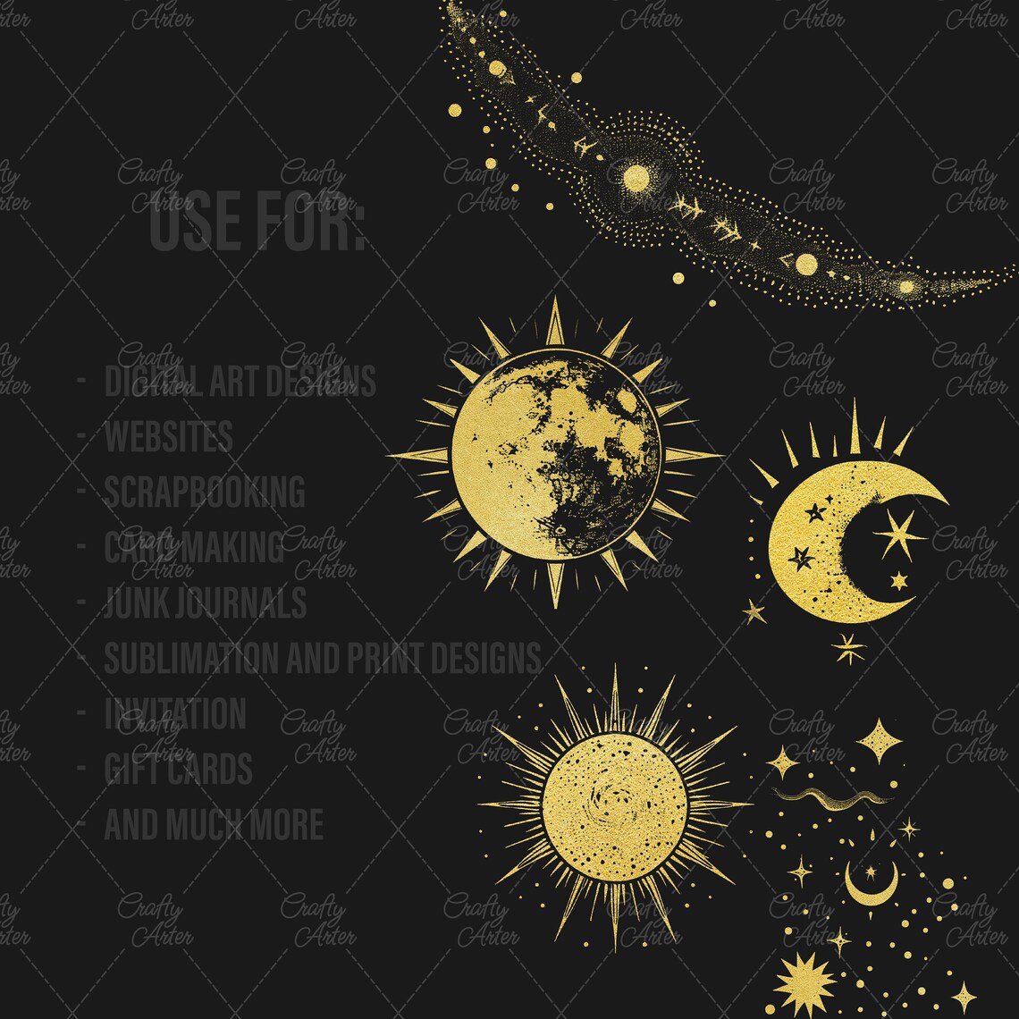 Gold Celestial Clipart: Moon, Sun, Stars - 66 PNG Elements (commercial ...